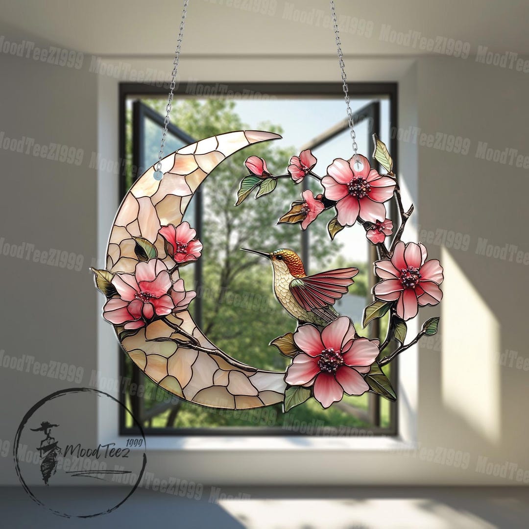 Hummingbird Moon Acrylic Window Hanging: Floral Nature Decor - Etsy