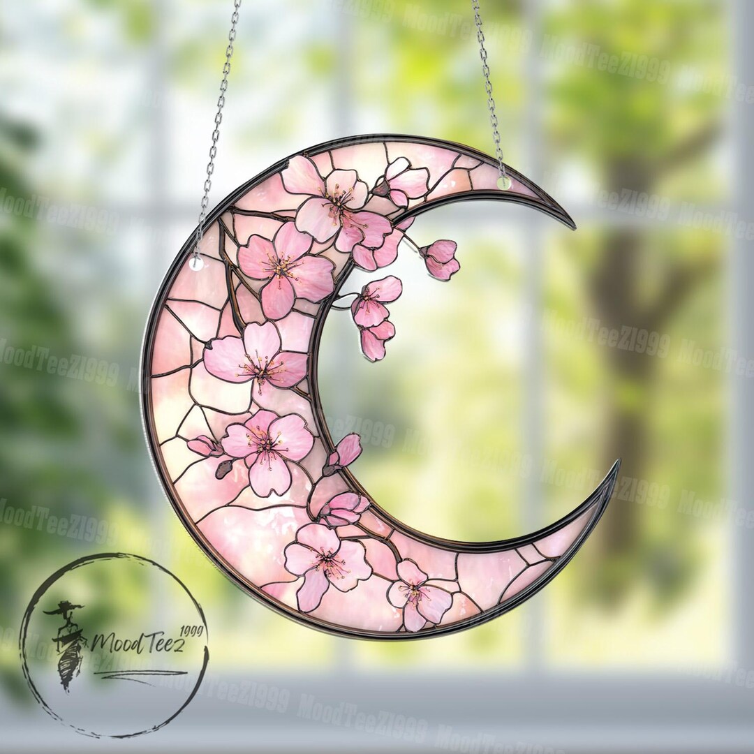 Cherry Blossom Crescent Moon Window Hanging, Floral Sun Catcher, Boho ...