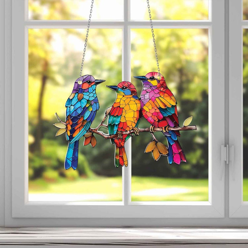 Acrylic Bird Window Hanging: Three Birds on Branch, Colorful Home Decor ...