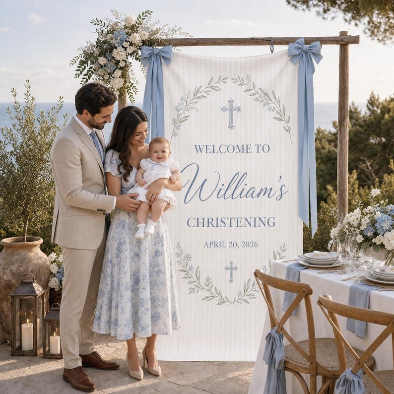 Personalized Christening Welcome Sign, Baptism Fabric Banner, Blue Baby ...