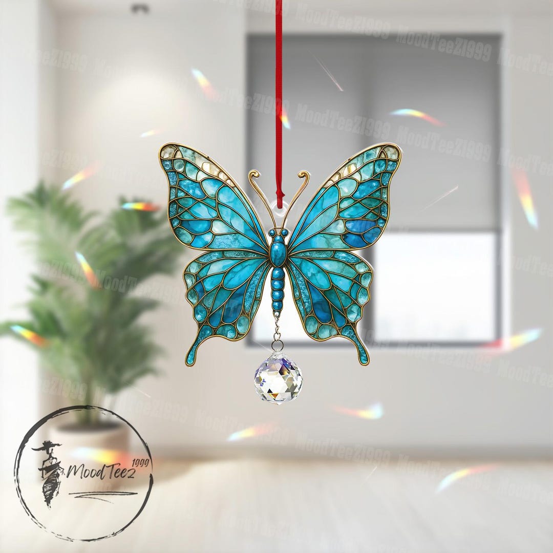 Blue Butterfly Window Hanging With Crystal, Elegant Sky Blue Winged ...
