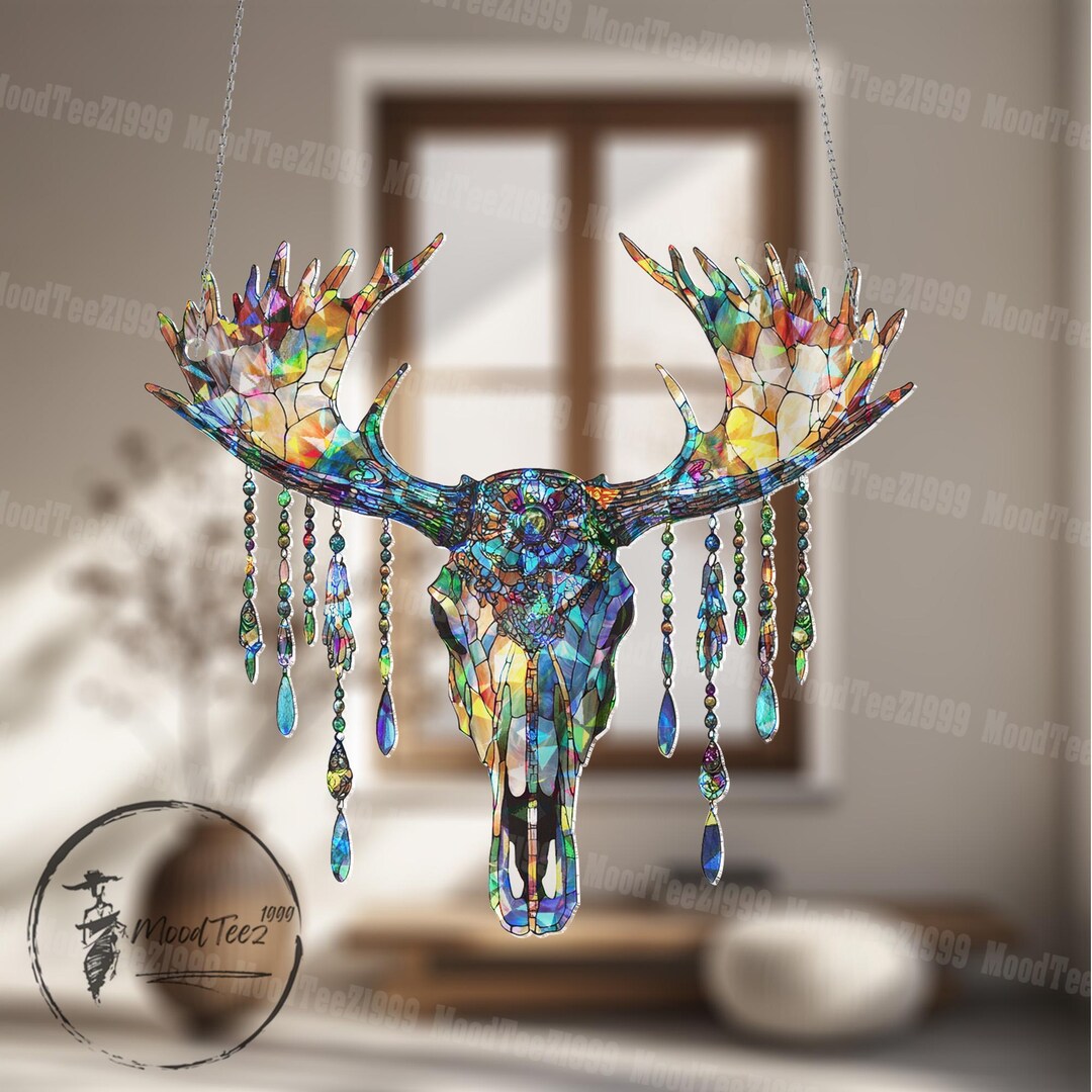 Moose Skull Design With Crystal Drips 2D Hologram Ornament, Handcrafted ...