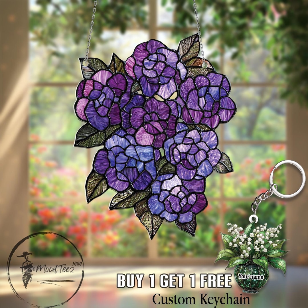 Acrylic Hydrangea Window Hanging, Purple Floral Home Decor, Botanical ...