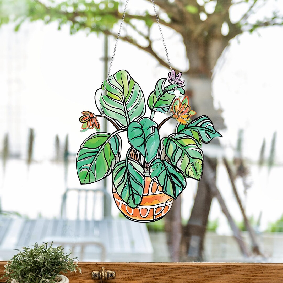Colorful Monstera and Flowers Acrylic Suncatcher Botanical Window ...