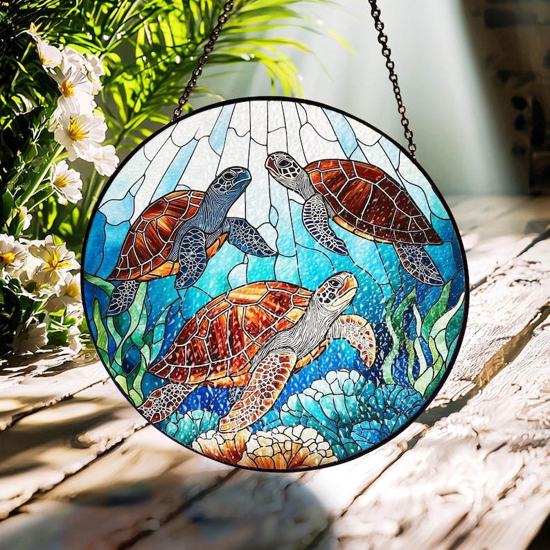 Sea Turtle Stained Glass Suncatcher: Nature Window Ornament - Etsy