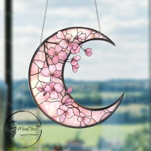 Cherry Blossom Crescent Moon Window Hanging, Floral Sun Catcher, Boho ...