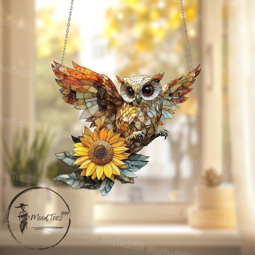 Owl and Sunflower Window Hanging, Fall Themed Owl Decor With Sunflower ...