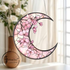 Cherry Blossom Crescent Moon Window Hanging, Floral Sun Catcher, Boho ...