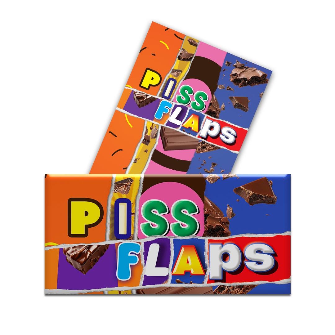 2 X PISS FLAPS Chocolate Bar Wrapper. Funny Rude Novelty Joke Gift ...