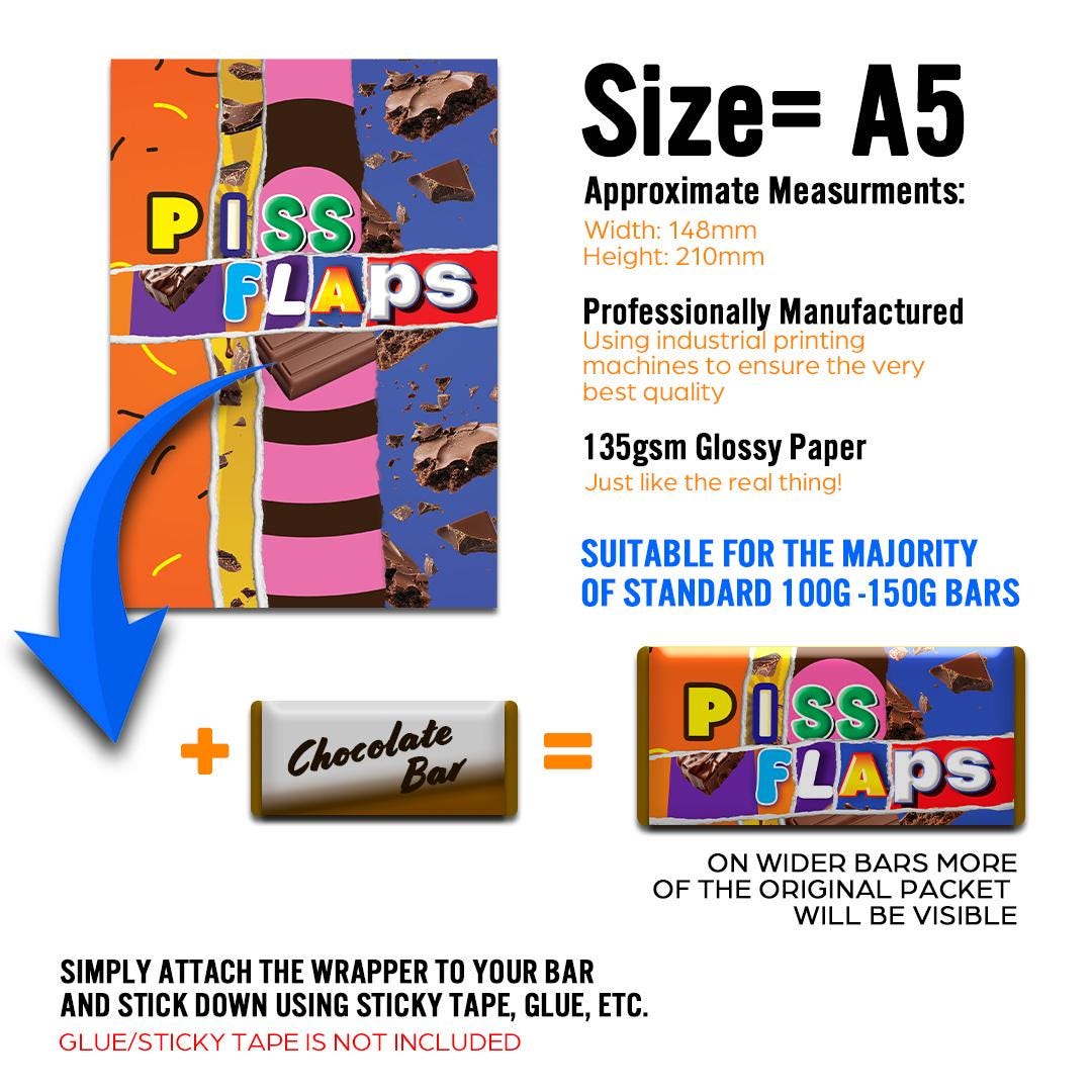 2 X PISS FLAPS Chocolate Bar Wrapper. Funny Rude Novelty Joke Gift ...
