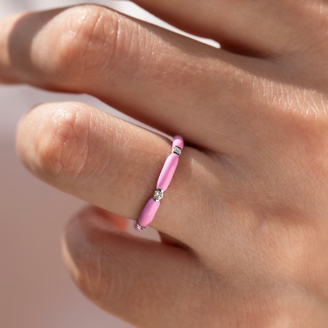 Stackable Color Ring, 14K Solid Gold Color Enamel Ring, Diamond Color ...