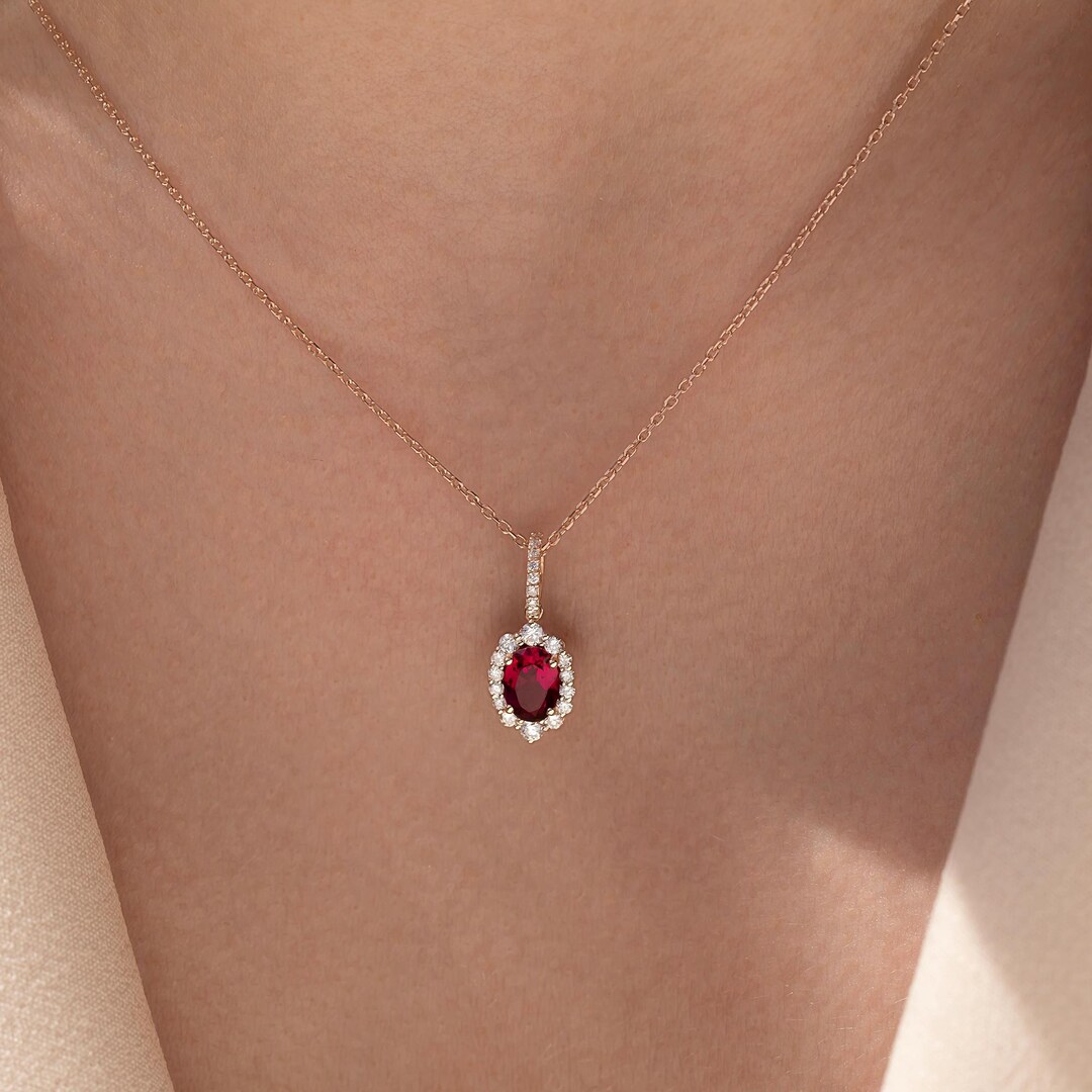 Elegant Ruby Pendant Necklace With Diamond Halo, 14K Rose Gold Oval ...