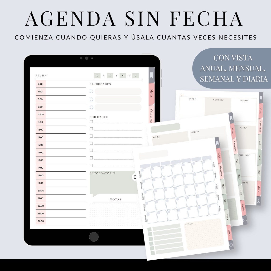 Planificador Digital en Español, Agenda en Español diseño minimalista ...