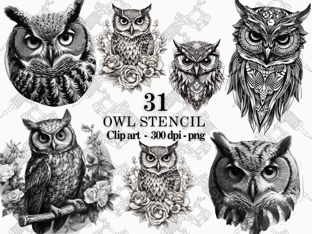 Owls Tattoo Designs Clipart Png Set, Owl Line Art, Owl Floral, Instant ...