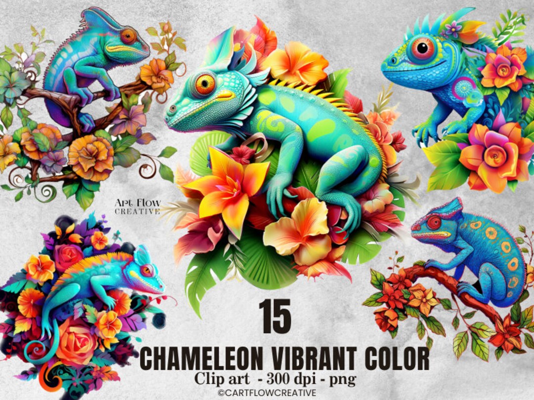 Colorful Chameleons Clipart Png Set Digital Download for Card Making ...