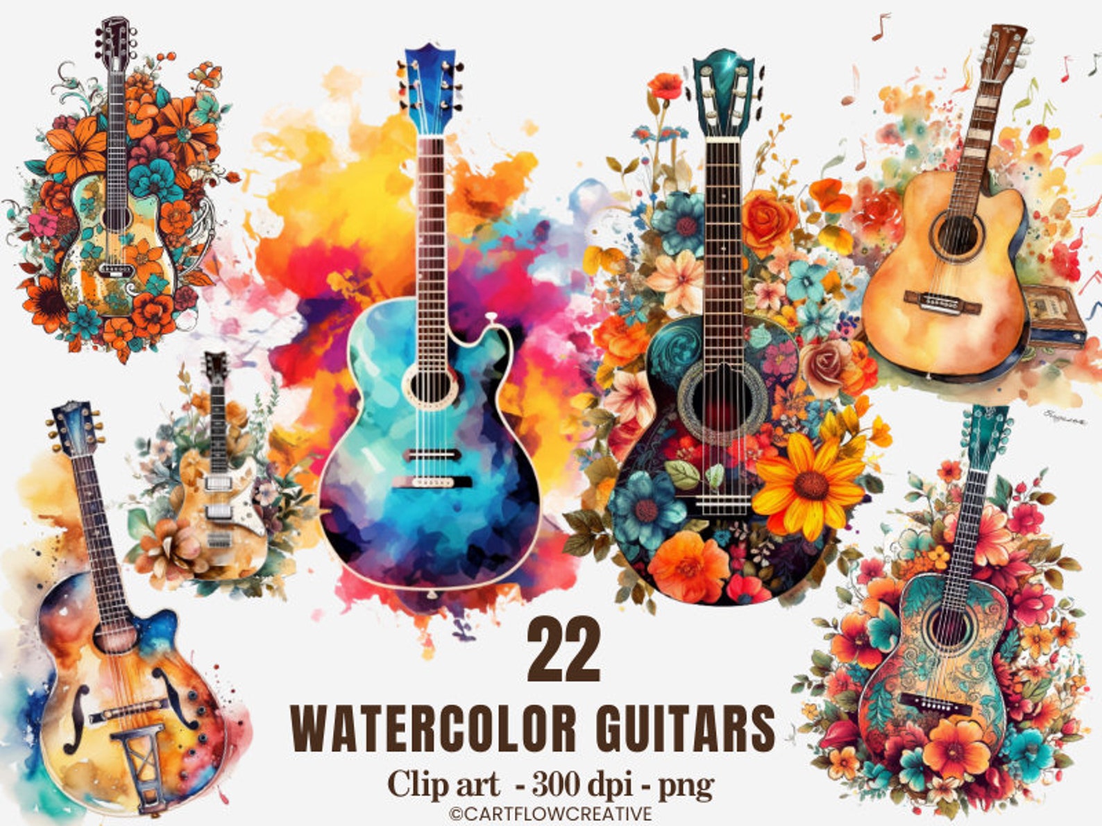 Watercolor Guitar Clipart Bundle, Musical Instruments, Electronic ...