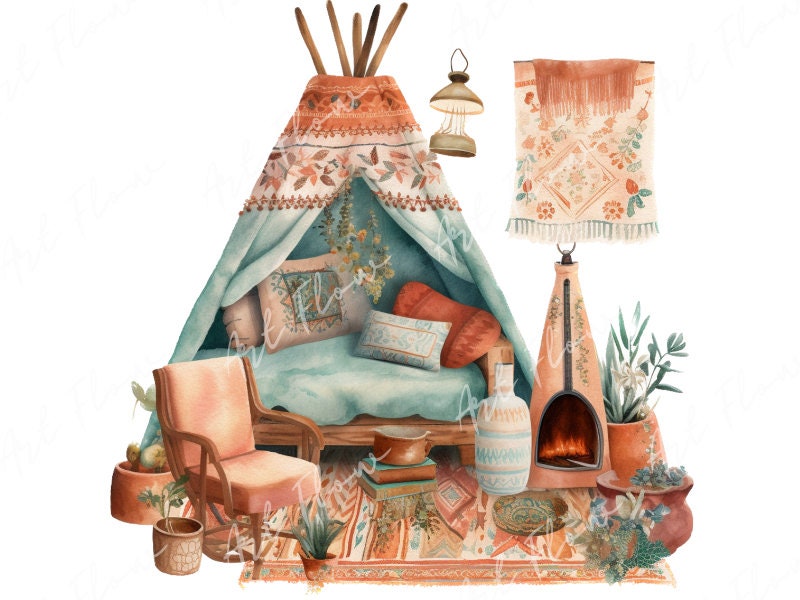 Watercolor Boho, Cozy House PNG Clipart, Boho Clipart, Rustic Cozy ...