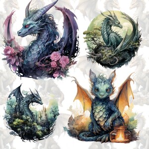 Dragons Fairytale Watercolor Clipart Png Set, Fantasy Dragon, Dragon ...
