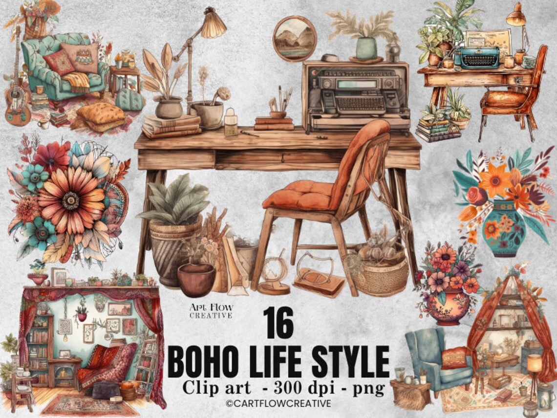 Watercolor Boho, Cozy House PNG Clipart, Boho Clipart, Rustic Cozy ...