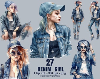 Denim Girl Clipart Watercolor Denim Fashion Girl Clipart, Denim Women ...