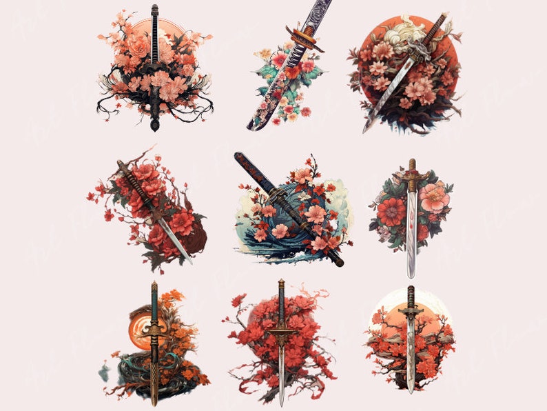 Sword Clipart Floral, Sword Illustrations, Botanical Flower, Graphic ...