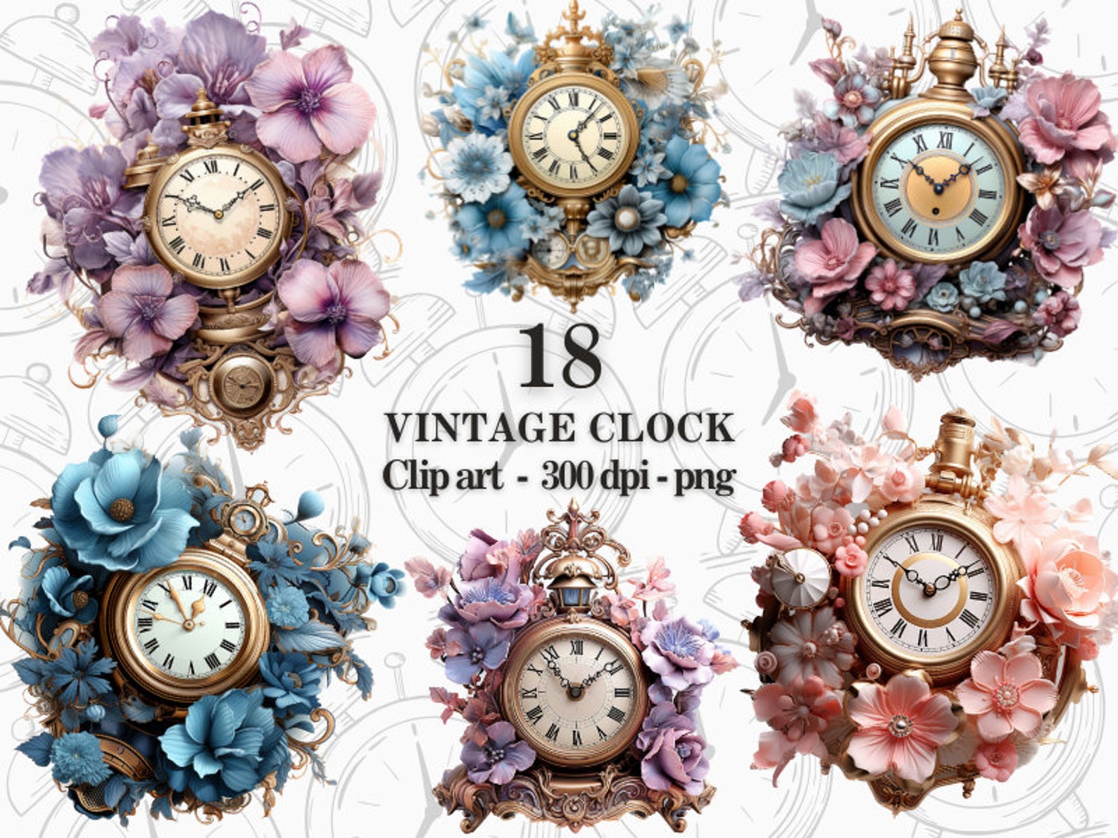 Watercolor Floral Clocks Clipart - Cute Rustic Floral Cottagecore Decor ...