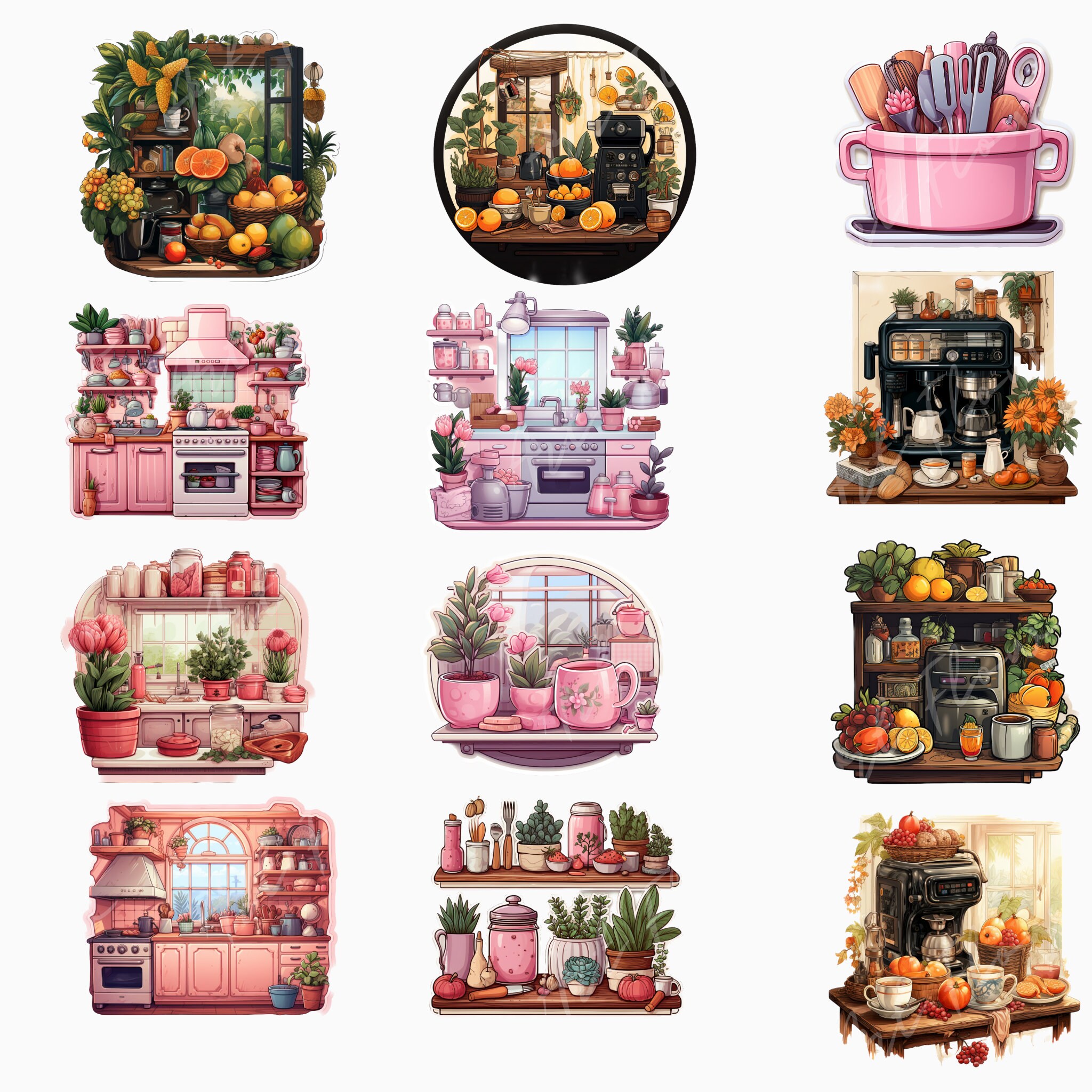 Watercolor Cozy Kitchen Clipart, Pastel Kitchen, Watercolor Rustic ...