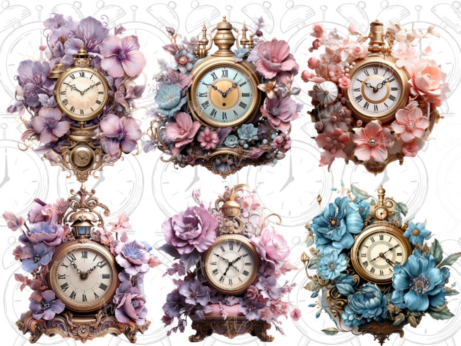 Watercolor Floral Clocks Clipart - Cute Rustic Floral Cottagecore Decor ...