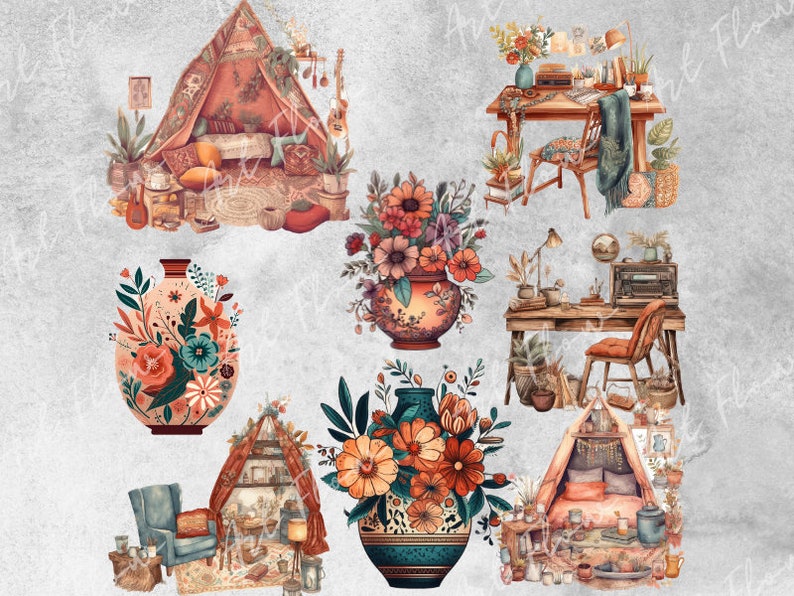 Watercolor Boho, Cozy House PNG Clipart, Boho Clipart, Rustic Cozy ...