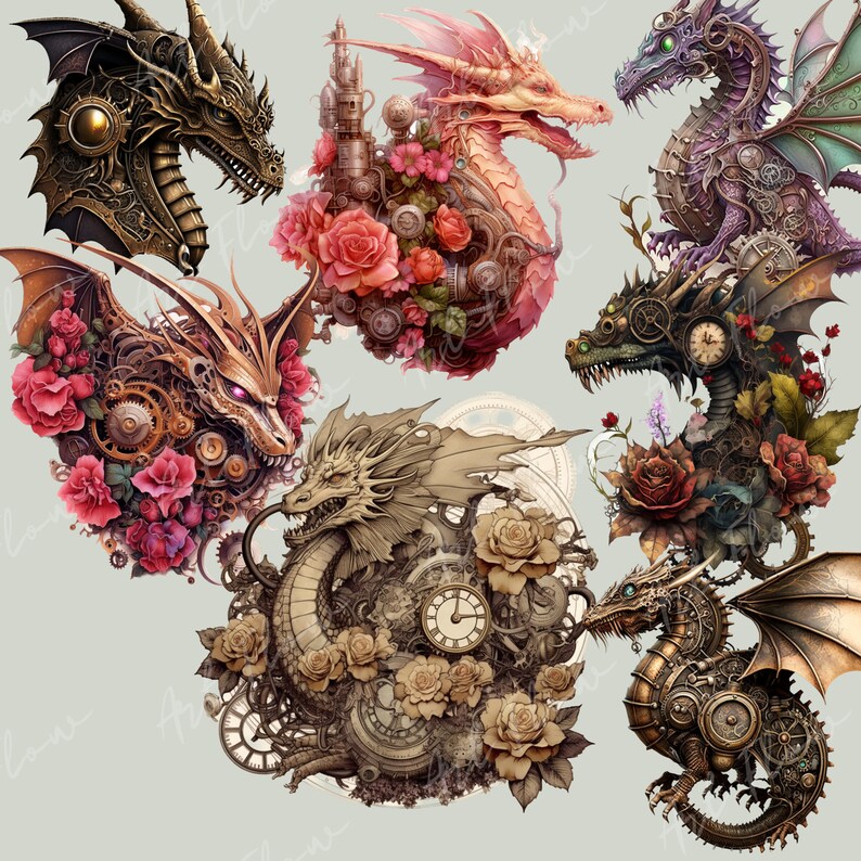 Dragons Steampunk Clipart, Dragon Sublimation, Dragon Flowers, Fantasy Clipart, Magical ...
