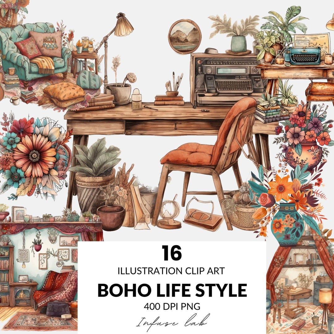 Watercolor Boho, Cozy House PNG Clipart, Boho Clipart, Rustic Cozy ...