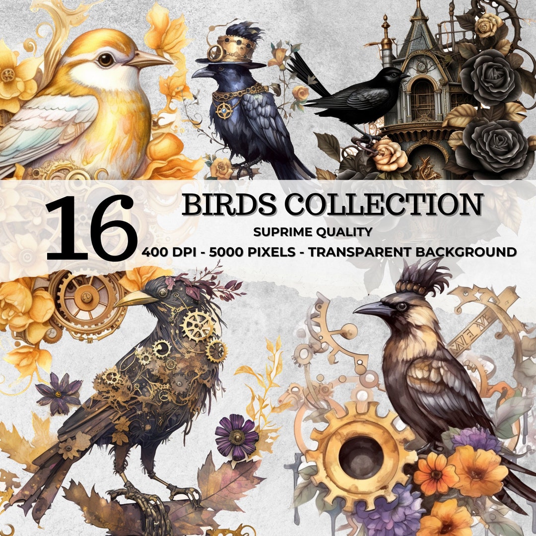 Steampunk Birds Clipart Bundle, Steampunk Crow, Watercolor Animals ...