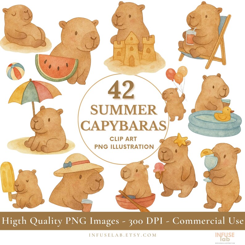 Capybara Summer PNG Clip Art, Watercolor Animal, Kawaii Funny Capybaras ...