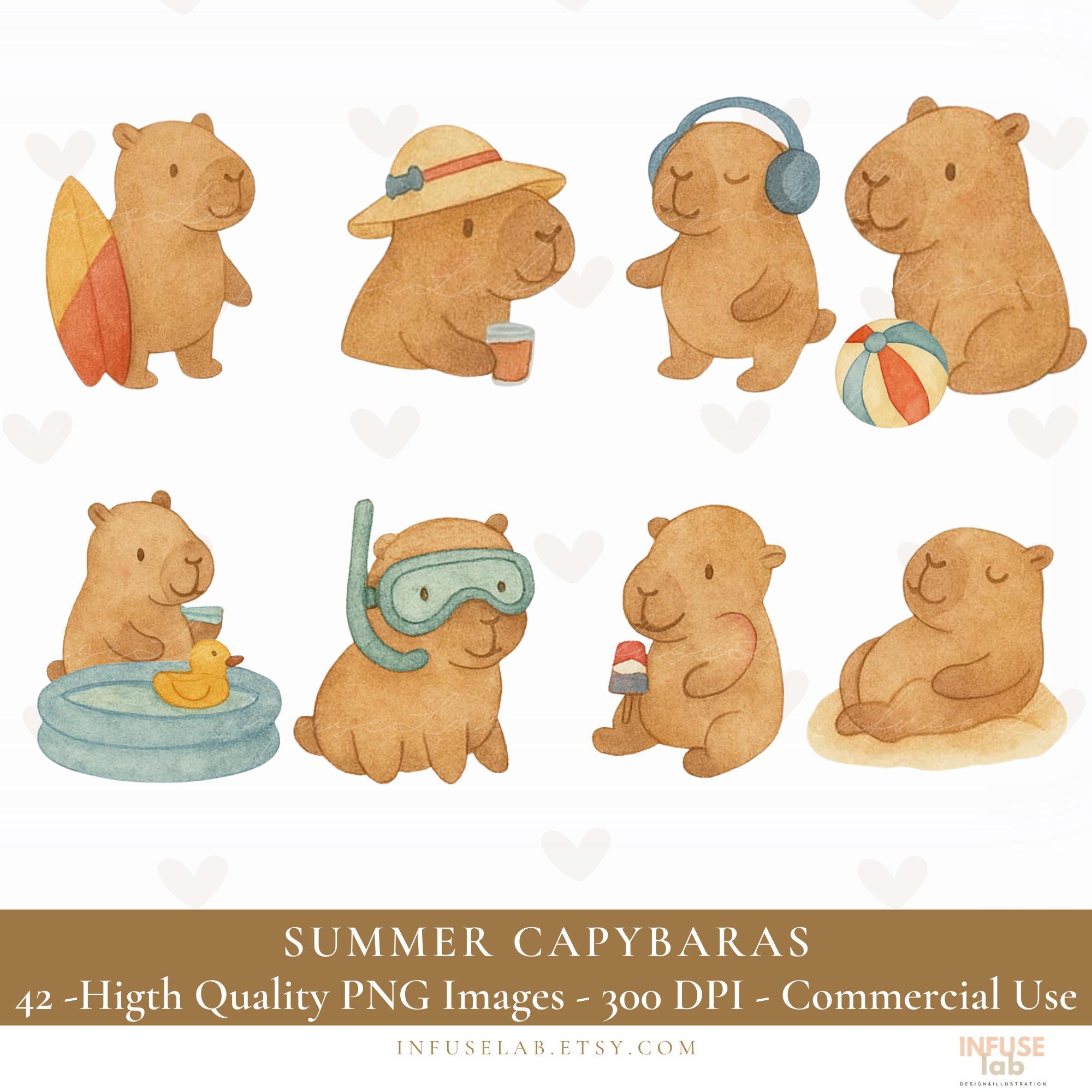Capybara Summer PNG Clip Art, Watercolor Animal, Kawaii Funny Capybaras ...