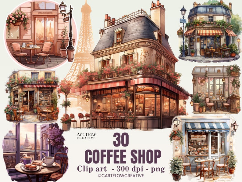 Watercolor Coffee Shop Clipart, Cute Coffee Shop, Coffee Clipart, Cafe ...