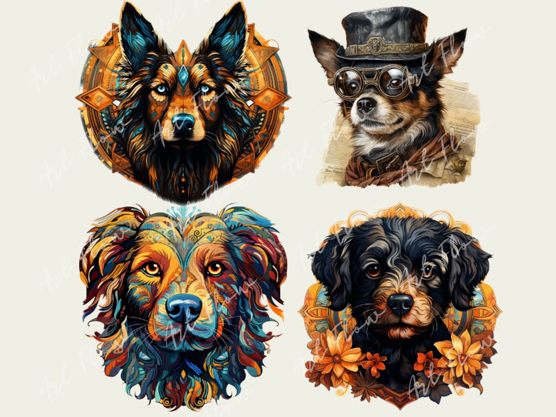 17 Colorful Dogs T-shirt Design Clipart, Dog Breeds Clipart, Cute Dogs ...
