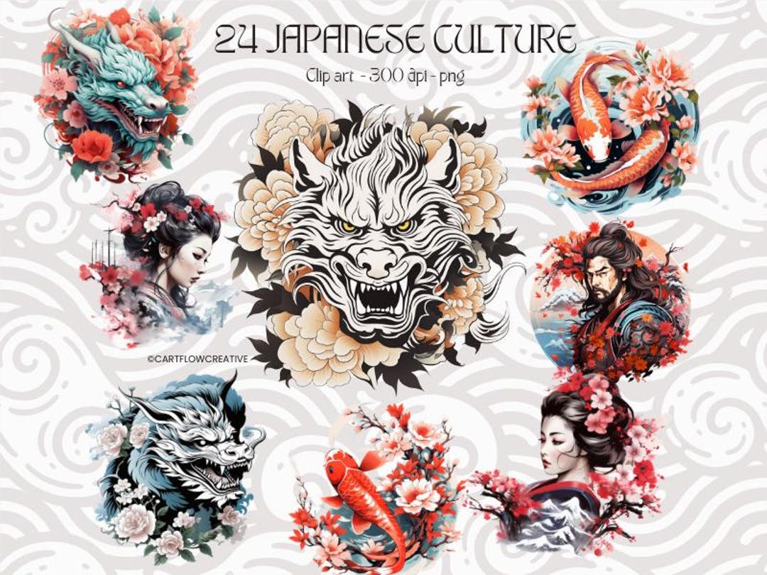 Japanese Samurai Culture Clipart Set - Tattoo Designs - Geisha Clipart ...