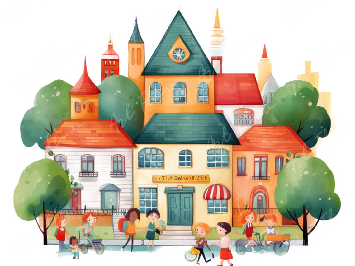 City Houses Clipart, Shops Buildings, Town Clipart, Coffee Shop, Book ...
