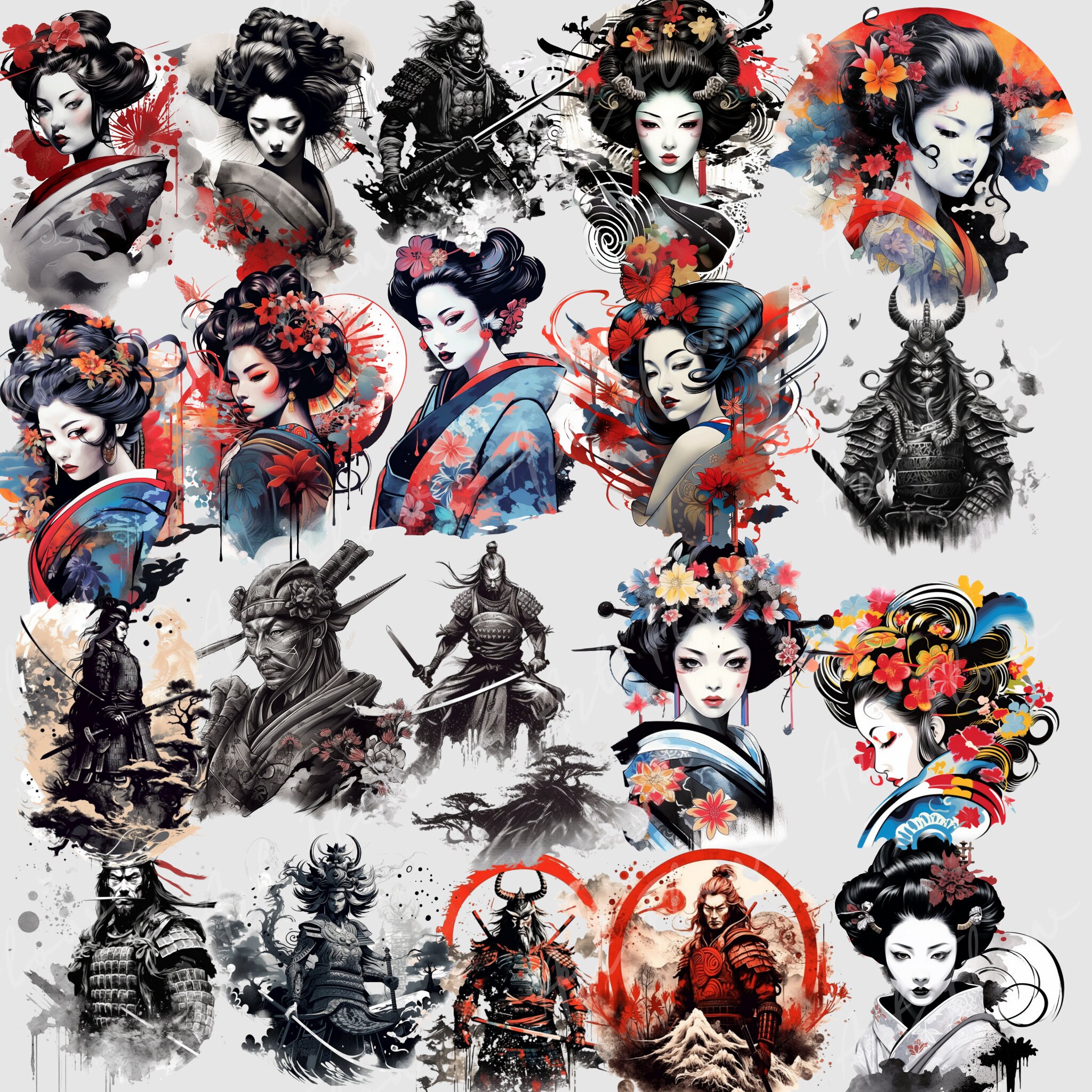 Japanese Samurai Culture Clipart Set - Tattoo Designs - Geisha Clipart ...