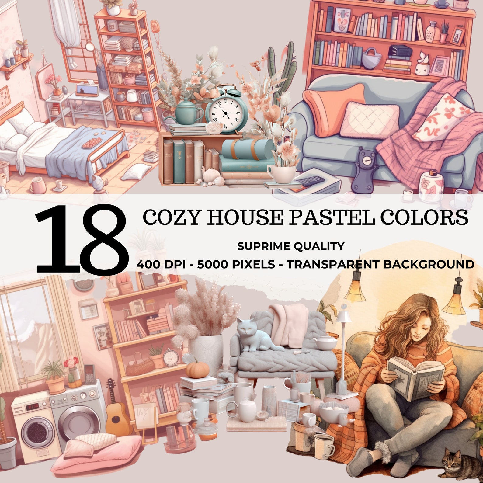 Cozy Aesthetic Clipart Bundle, Cozy House, Planner Girl, Planner Scenes ...