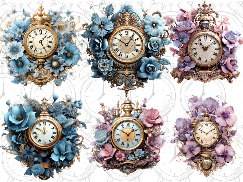 Watercolor Floral Clocks Clipart - Cute Rustic Floral Cottagecore Decor ...