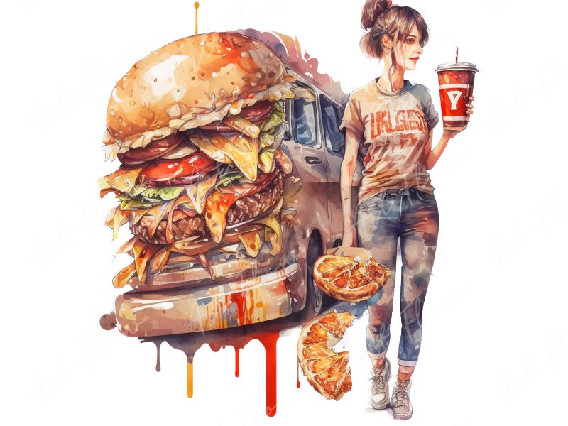 Watercolor Fast Food Clipart, Street Food Clipart, Snack Stickers ...