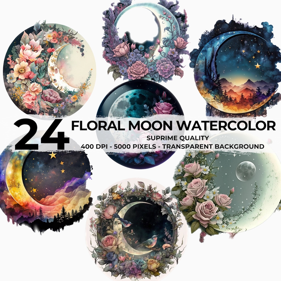24 PNG Watercolor Floral Moon, Floral Crescent Moons With Flowers, PNG ...