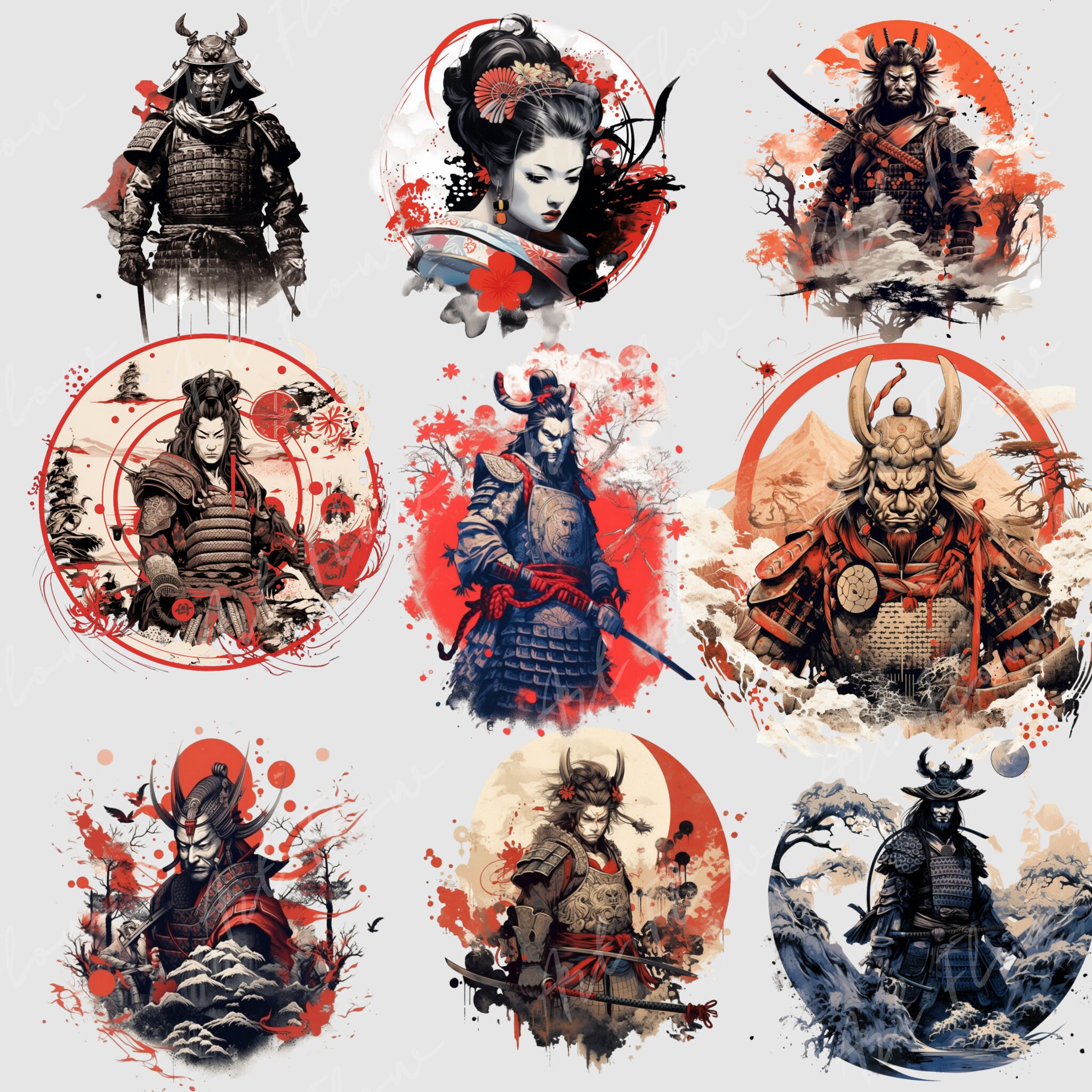Japanese Samurai Culture Clipart Set - Tattoo Designs - Geisha Clipart ...