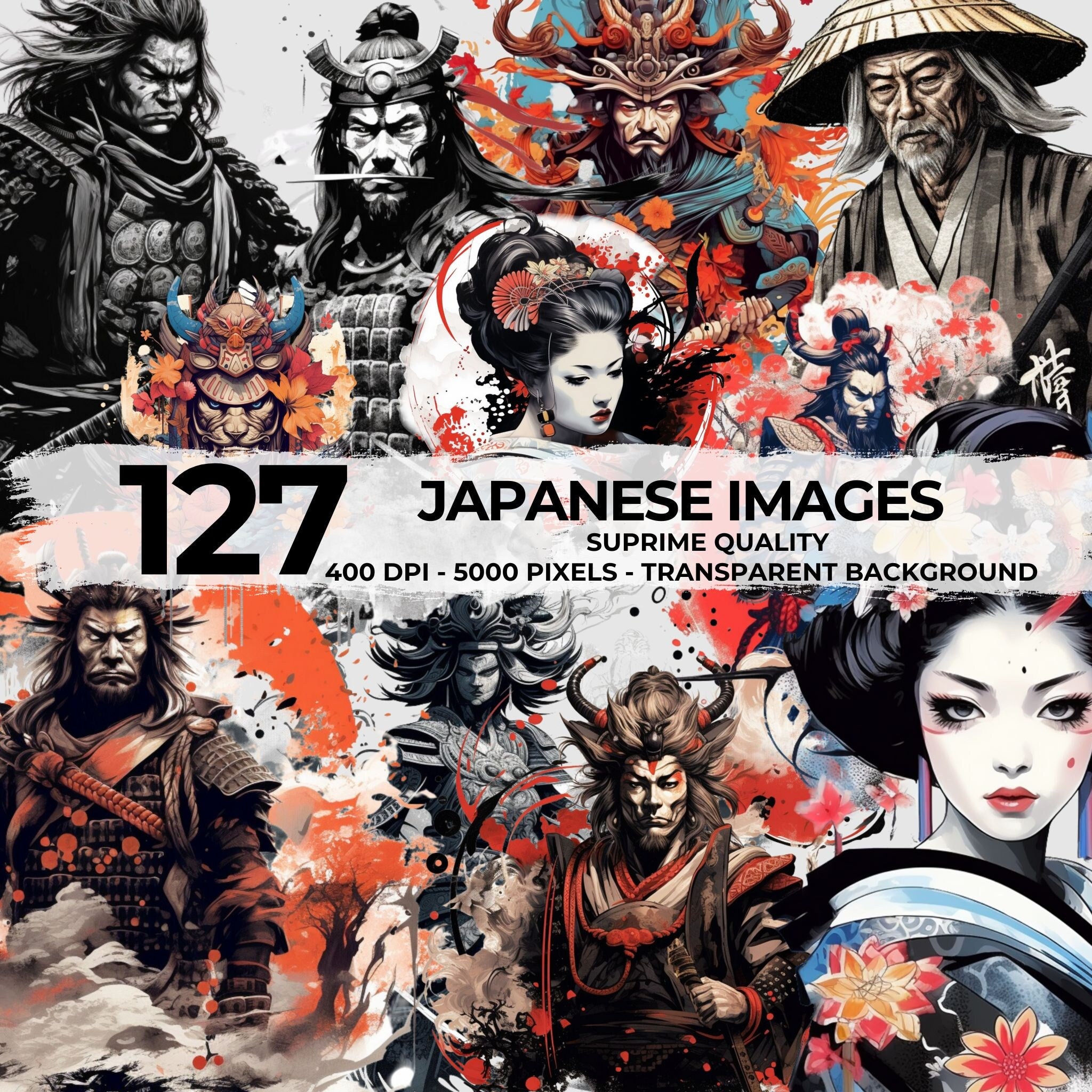 Japanese Samurai Culture Clipart Set - Tattoo Designs - Geisha Clipart ...