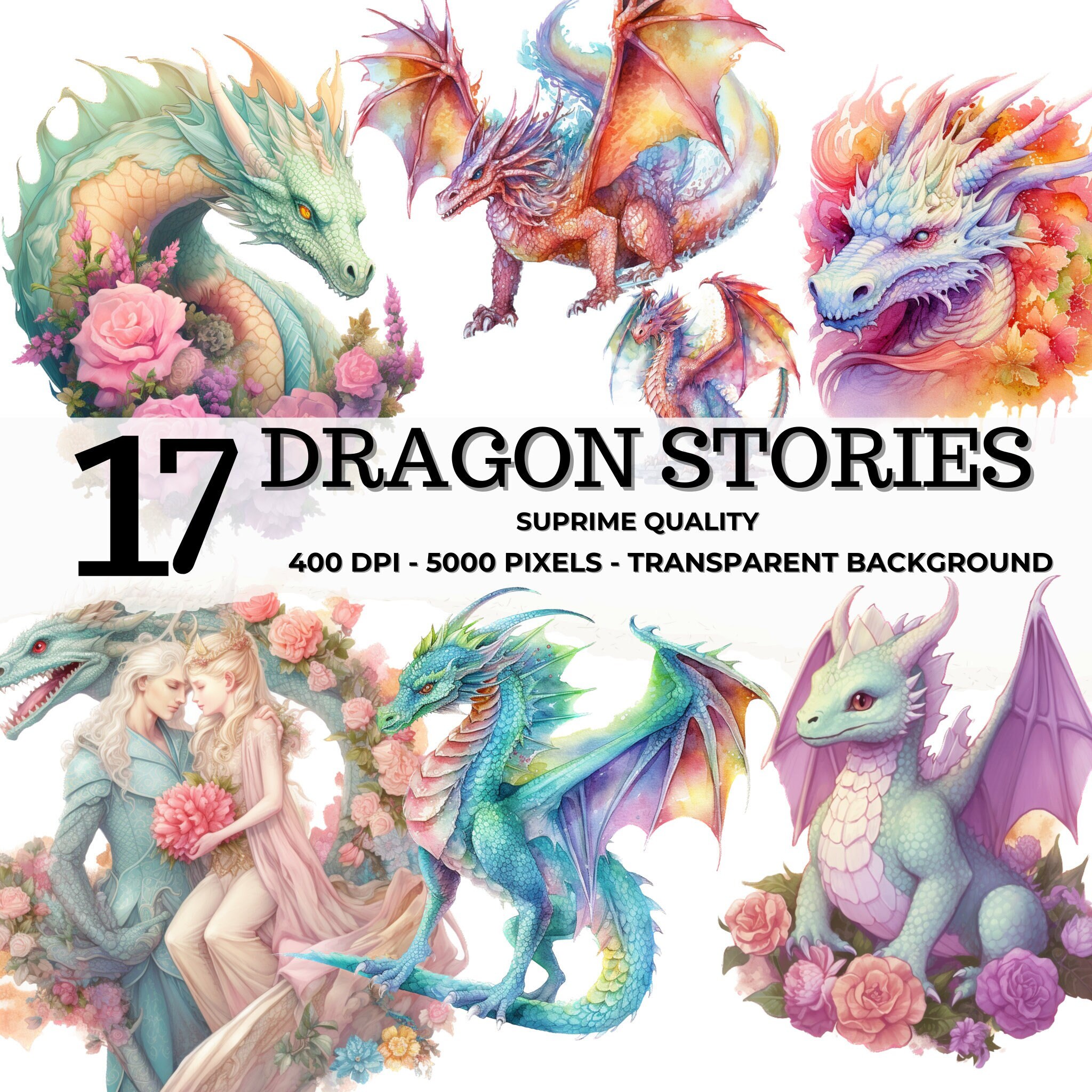 Dragons Watercolor Clipart Bundle, Magical Fairytale Illustrations ...