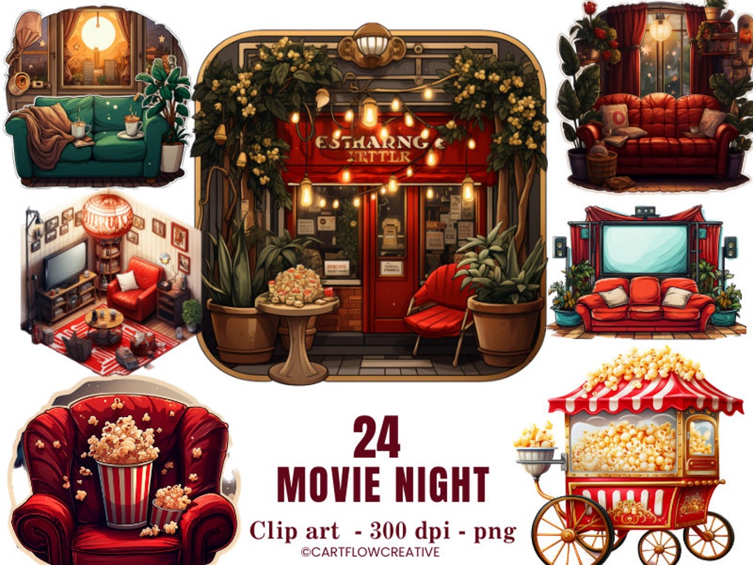 Watercolor Movie Night Clipart Stickers Png Set, Movie Theater, Cinema ...
