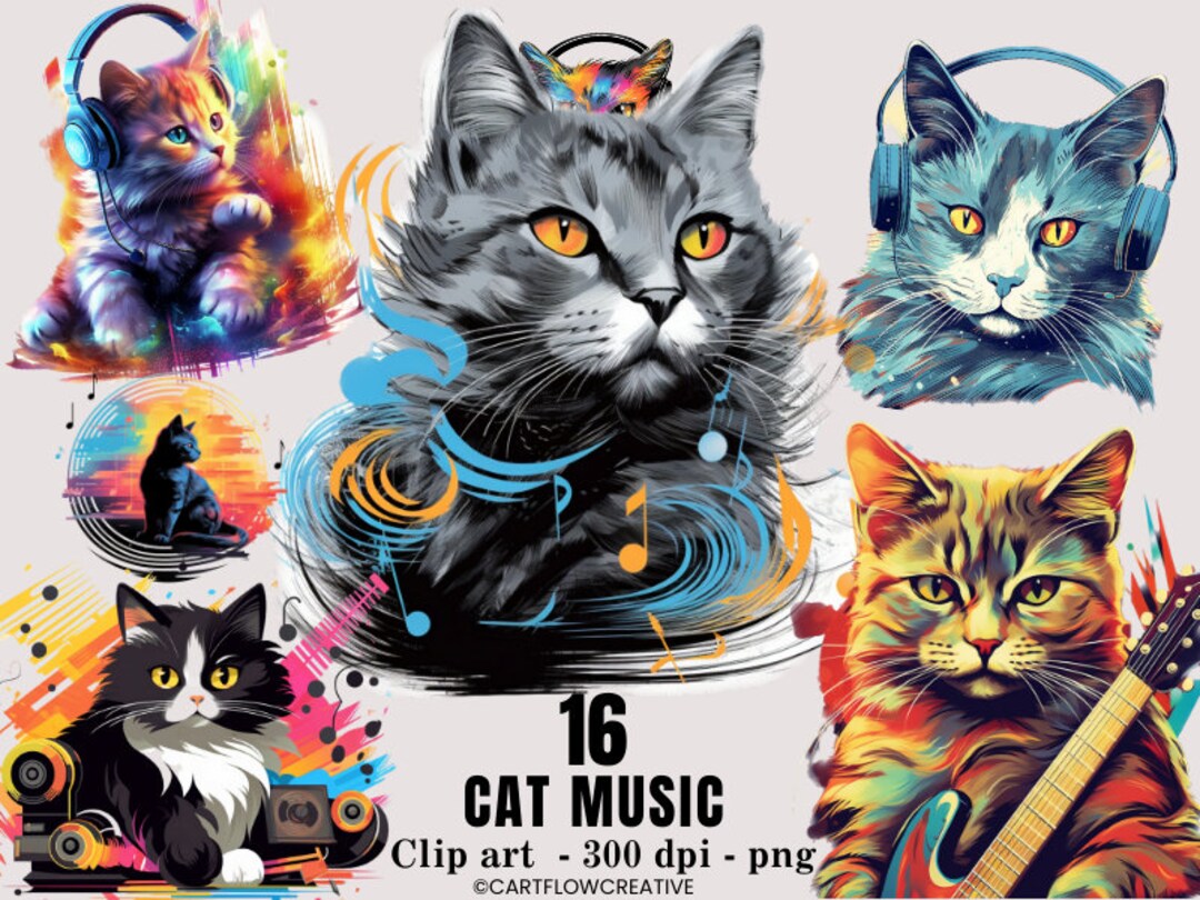 Cat Headphone Clipart Bundle, Watercolor Cat Illustrations, Cute Cat ...