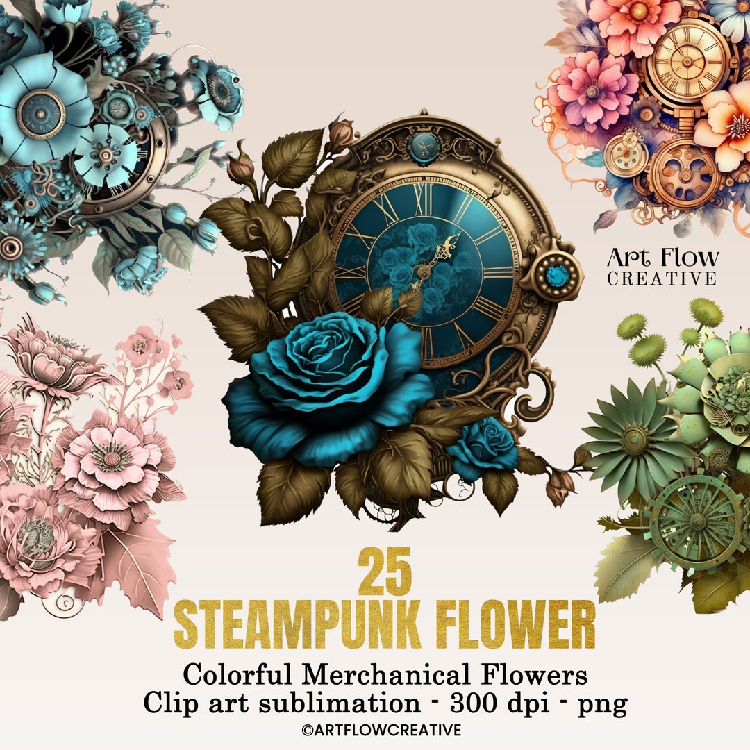 Mechanical Flowers Steampunk Clipart Set Vintage Flower Steampunk ...