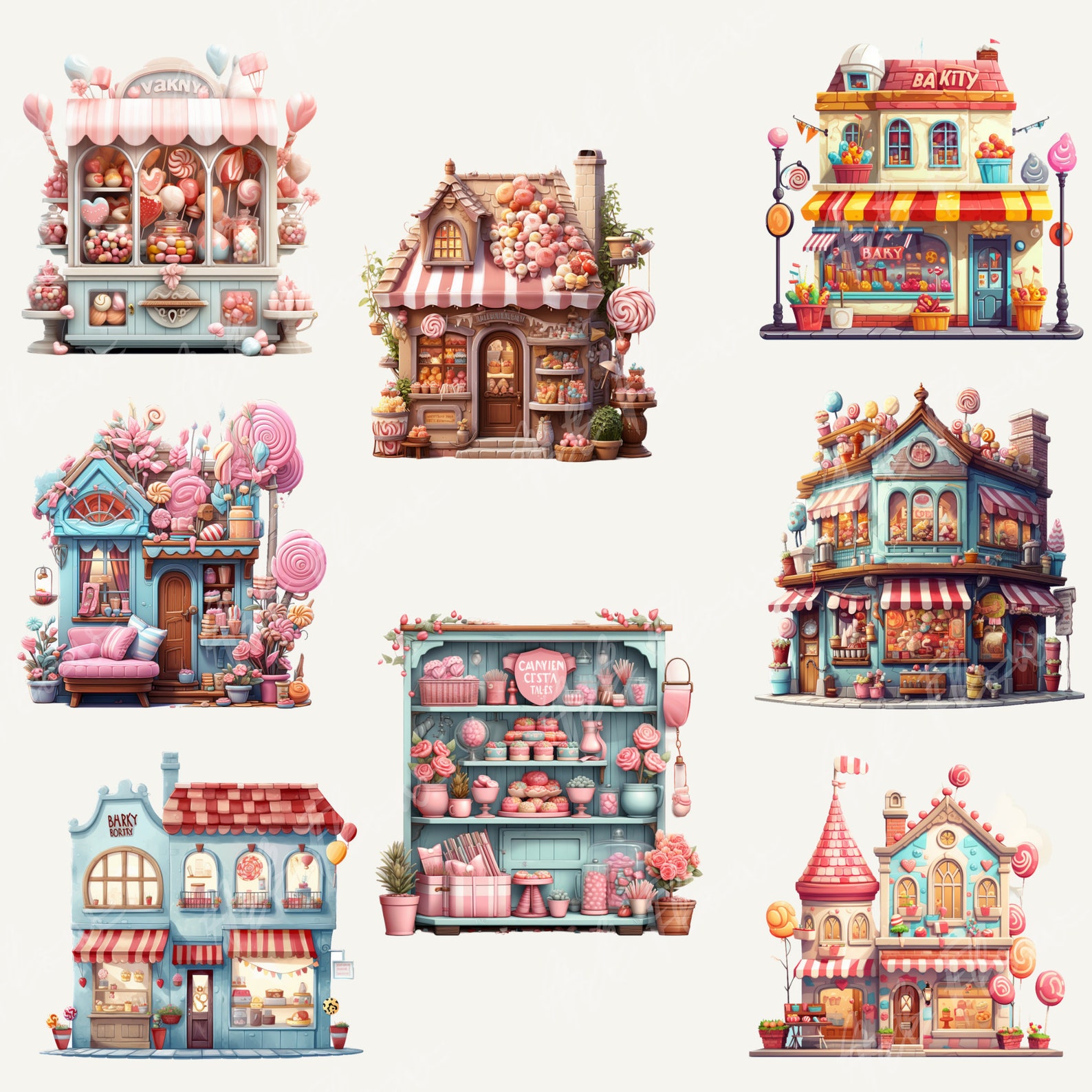 Watercolor Candy Shop Clipart Bundle, City of Sweets, Candy Store ...